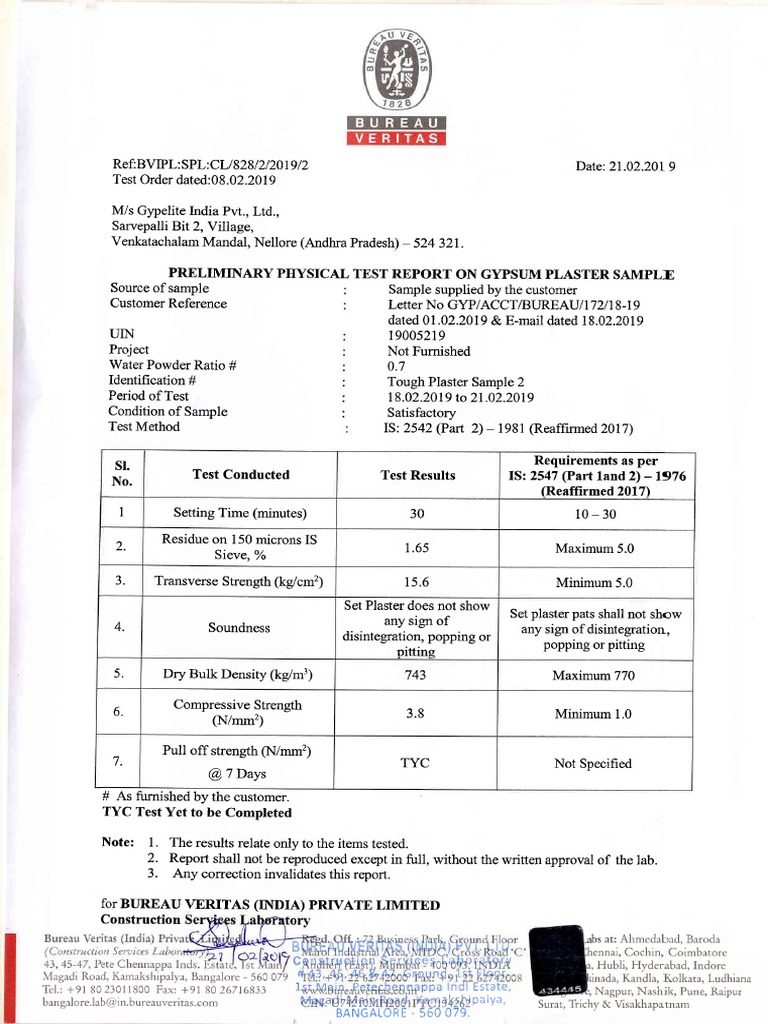 Gypsum Plaster Test Report Summary | PDF