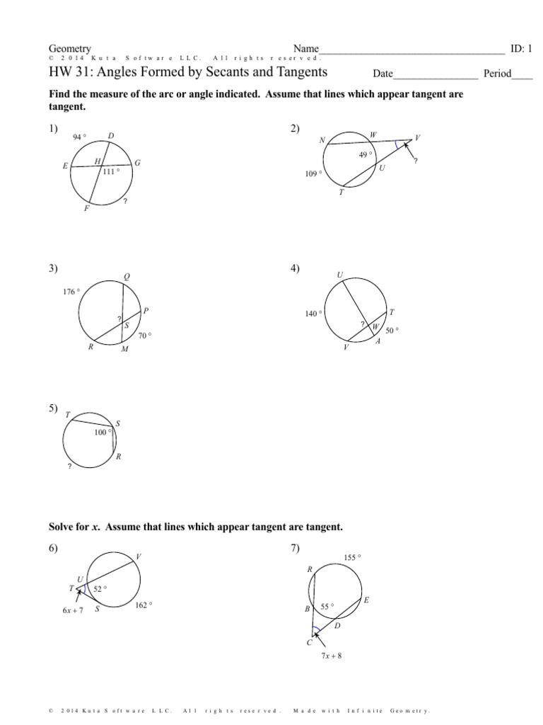 Geometry - HW 31 Angles Formed by Secants and Tangents | PDF ...