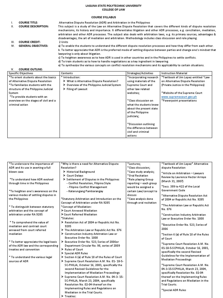 ADR Arbitration Syllabus | PDF | Alternative Dispute Resolution | Mediation