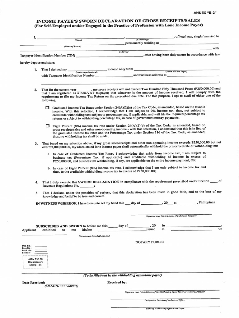 Income Payee's Sworn Declaration of Gross Receipts - BIR Annex B-2 ...