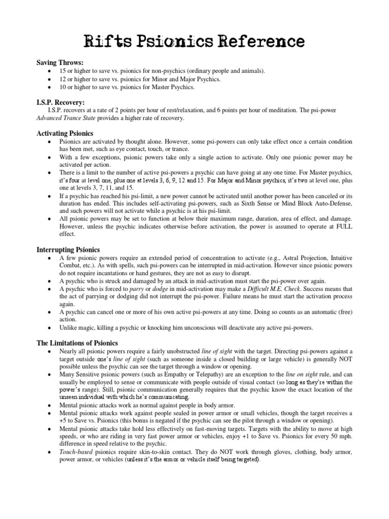 Rifts Psionics Reference | PDF | Armour