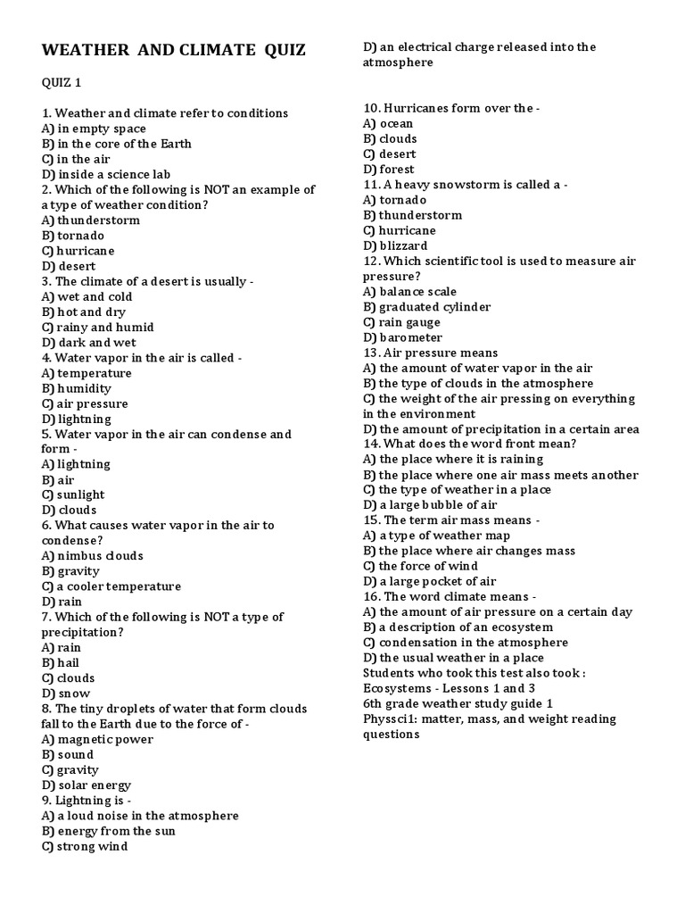 Weather and Climate Quiz | Download Free PDF | Atmosphere Of Earth | Cloud
