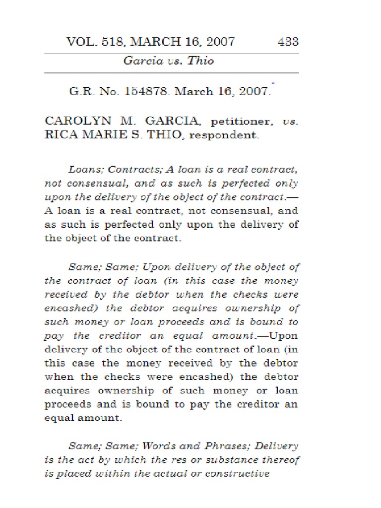 Carolyn M. Garcia vs. Rica Marie S. Thio GR. No. 154878 | PDF | Interest | Loans