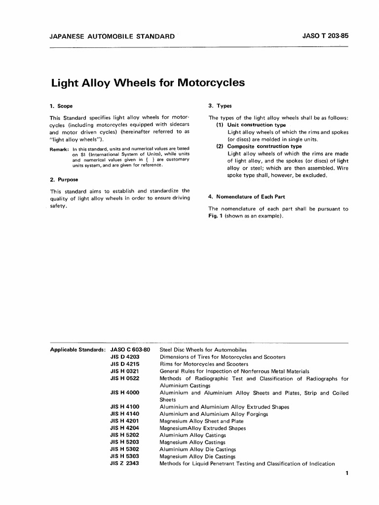 JASO T203-1985 英文版 摩托车轻合金车轮 PDF | PDF | Wheel | Tire
