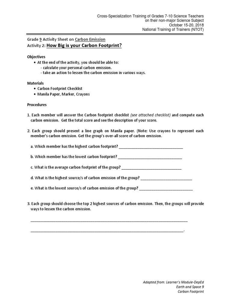 Grade 9 Activity Sheet On Carbon Emission | PDF | Carbon Footprint ...