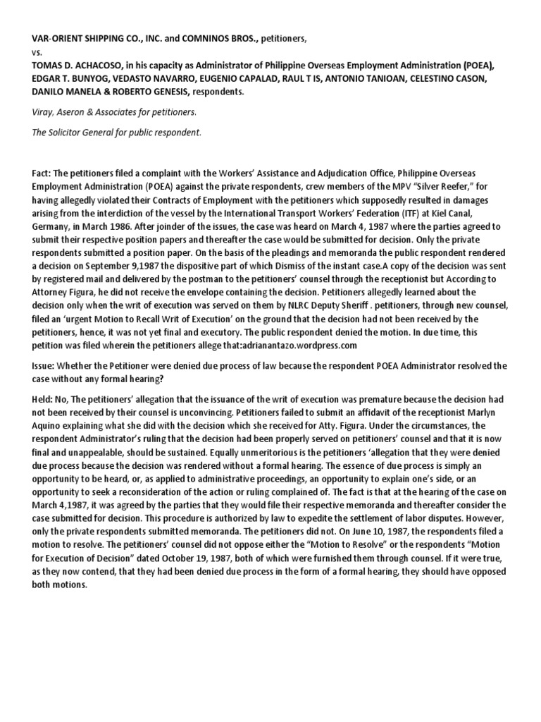 Var Orient Shipping Vs Achaso | PDF | Legal Procedure | Government