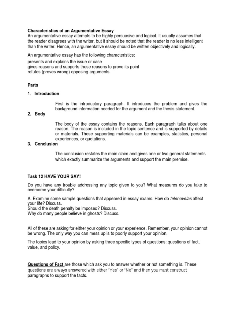 Characteristics of An Argumentative Essay | PDF | Essays | Argument