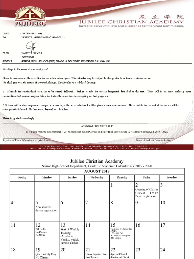 Senior High School (SHS) Grade 12 Academic Calendar, S.Y. 2019 - 2020 ...