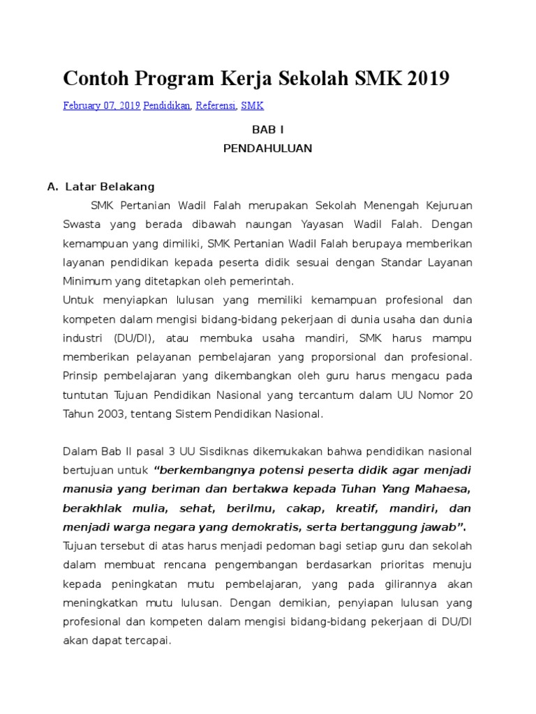 Contoh Program Kerja Sekolah SMK 2019 | PDF