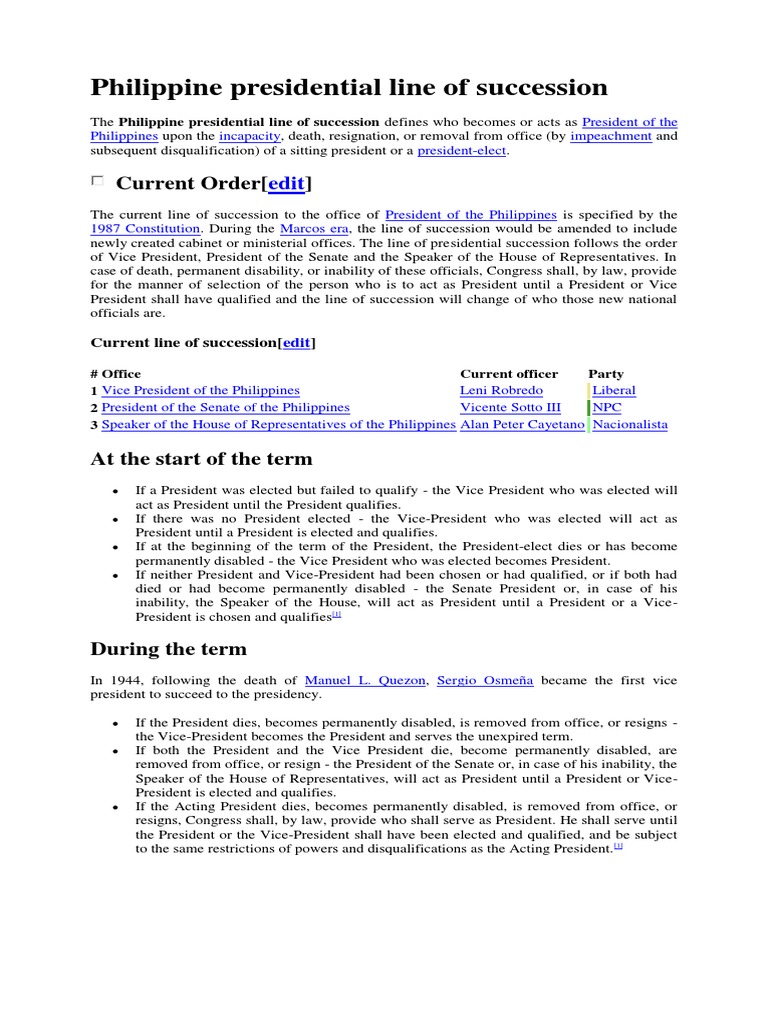 Philippine Presidential Line of Succession PDF | PDF | President Of The ...