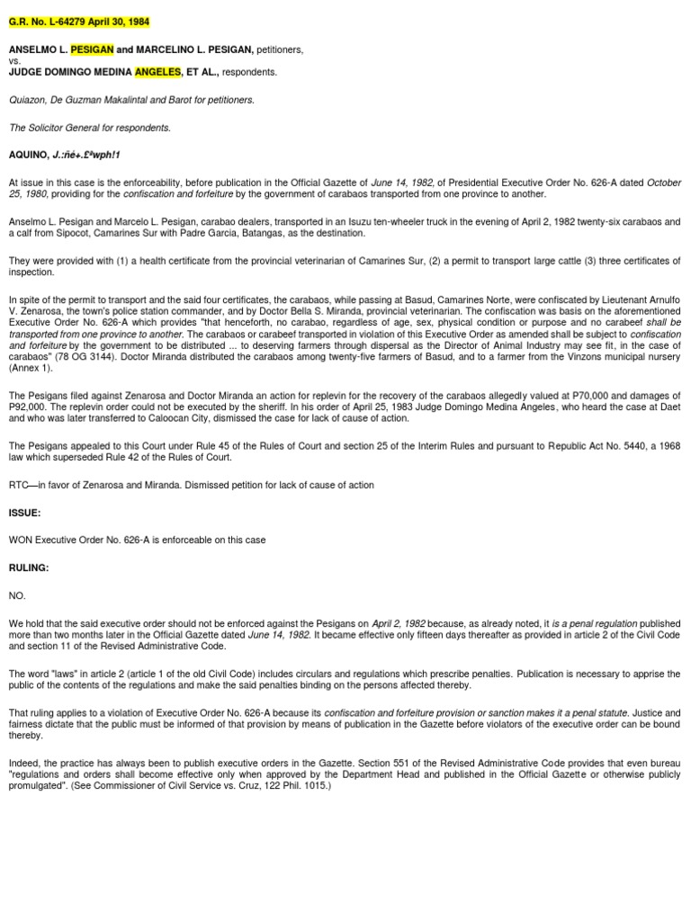 CD 13. Pesigan v. Angeles, 129 SCRA 174 (1984) | PDF | Executive Order ...