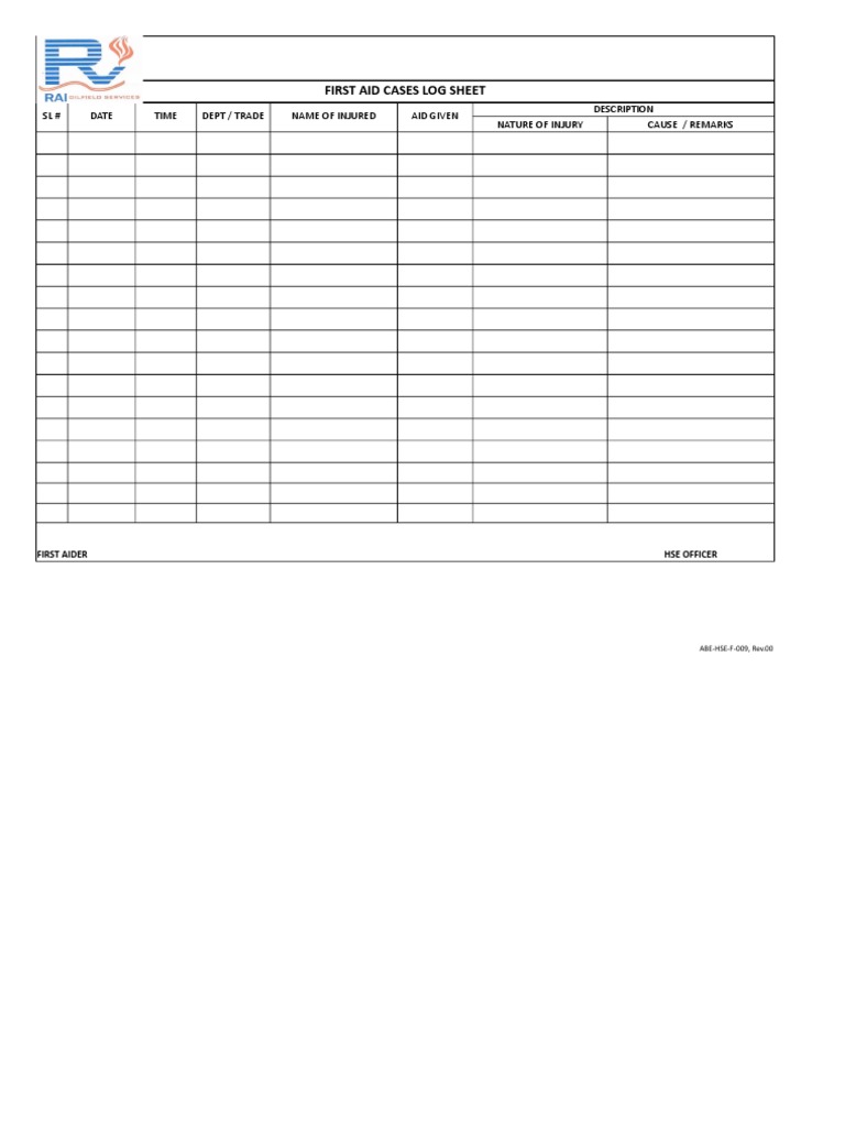 F-09-First Aid Log Sheet | PDF