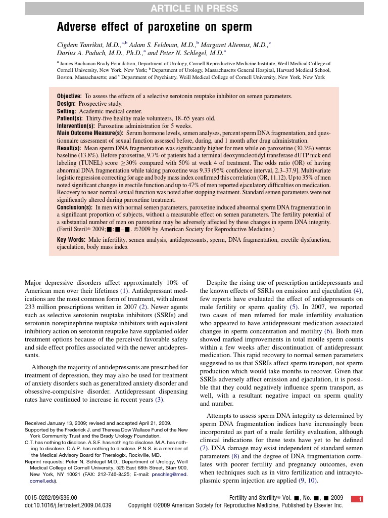 Adverse Effect of Paroxetine On Sperm | PDF | Antidepressant ...