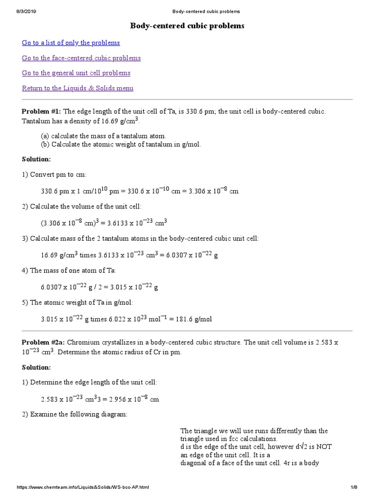 Body-Centered Cubic Calculations | PDF | Crystal Structure | Density