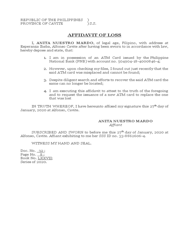 AFFIDAVIT OF LOSS Misplaced | PDF
