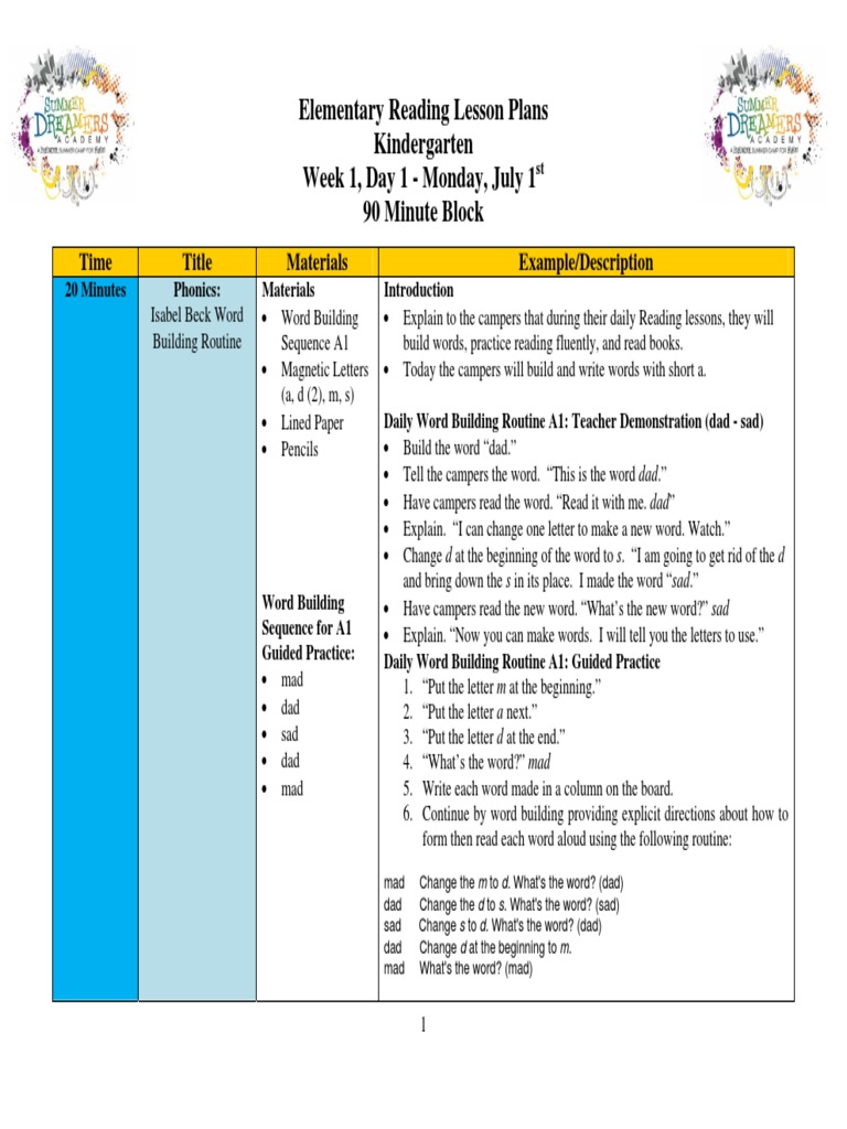 Summer Dreamers - Elementary Reading Lesson Plans - Kindergarten - Week ...