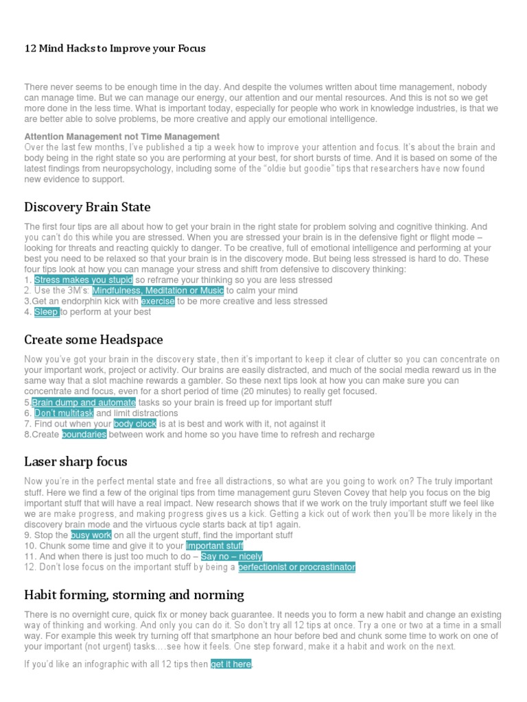 12 Mind Hacks To Improve Your Focus | PDF | Thought | Attention
