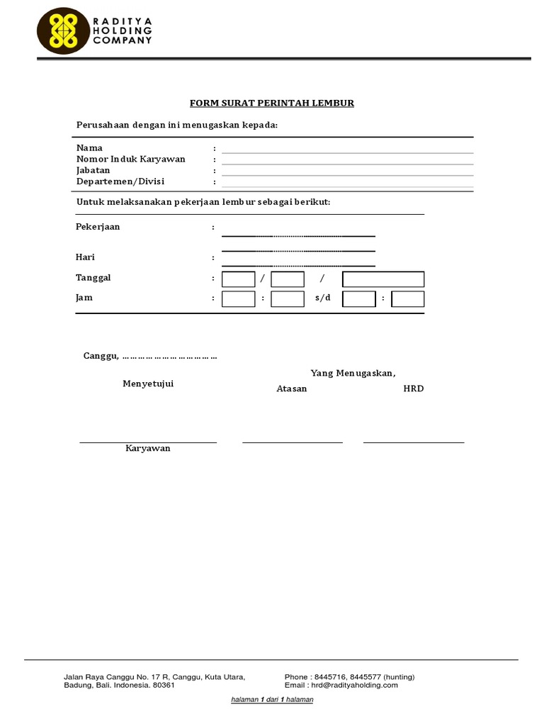 Contoh Form Surat Perintah Lembur | PDF