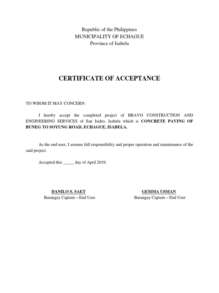 Certificate Of Acceptance Template