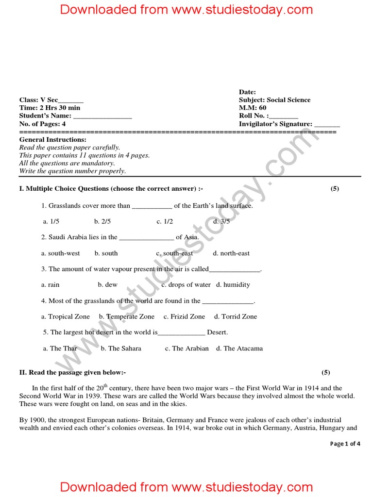 CBSE Class 5 Social Science Question Paper Set E | PDF | United Nations ...
