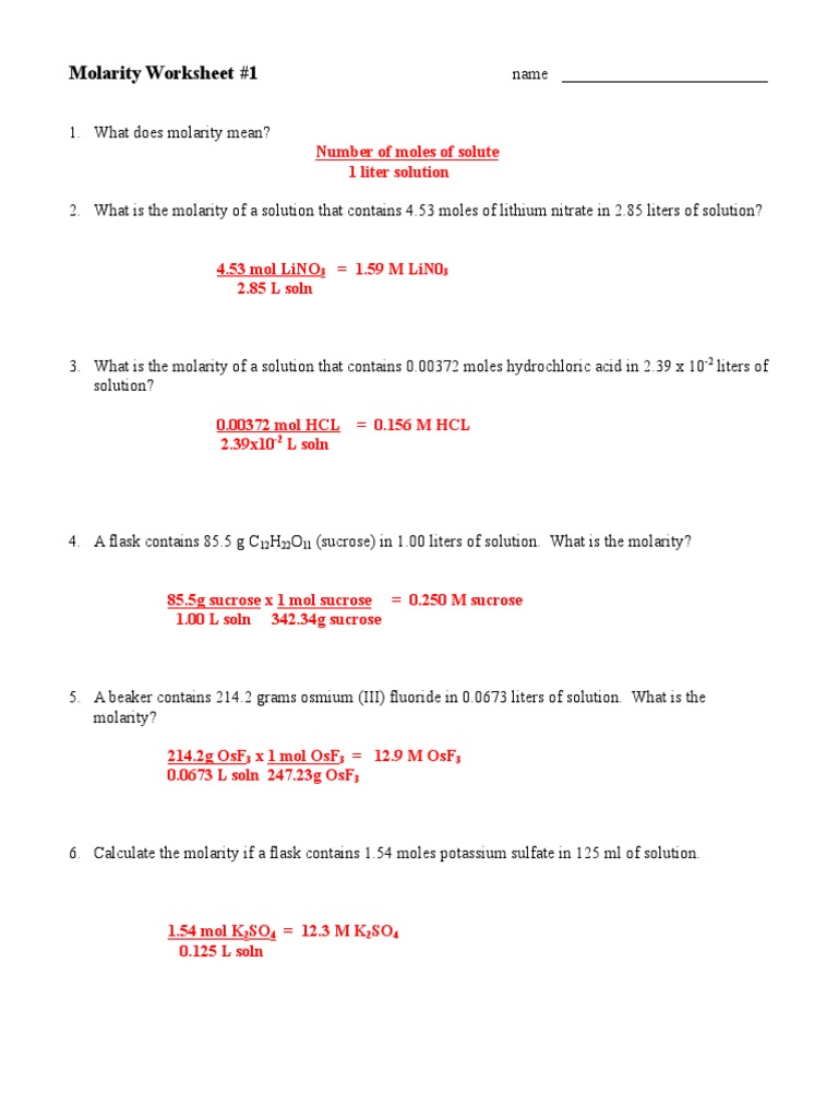 Molarity - Worksheet 1 Ans Key | PDF | Molar Concentration | Magnesium