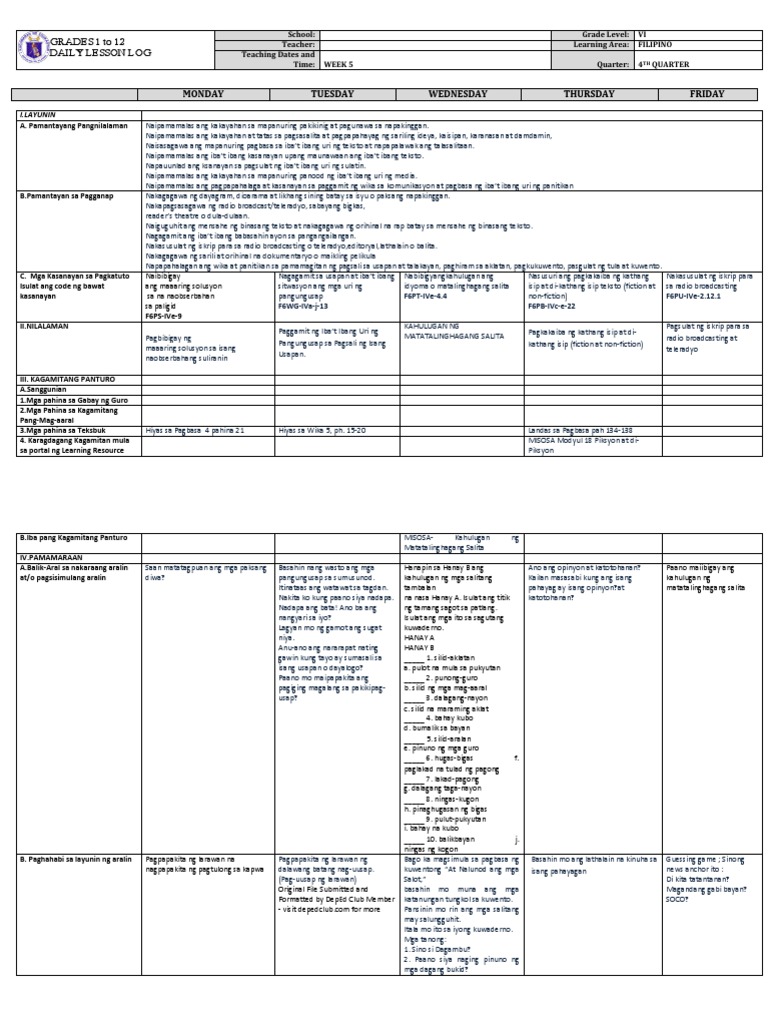 Grade 6 DLL FILIPINO Q4 Week 5.docx