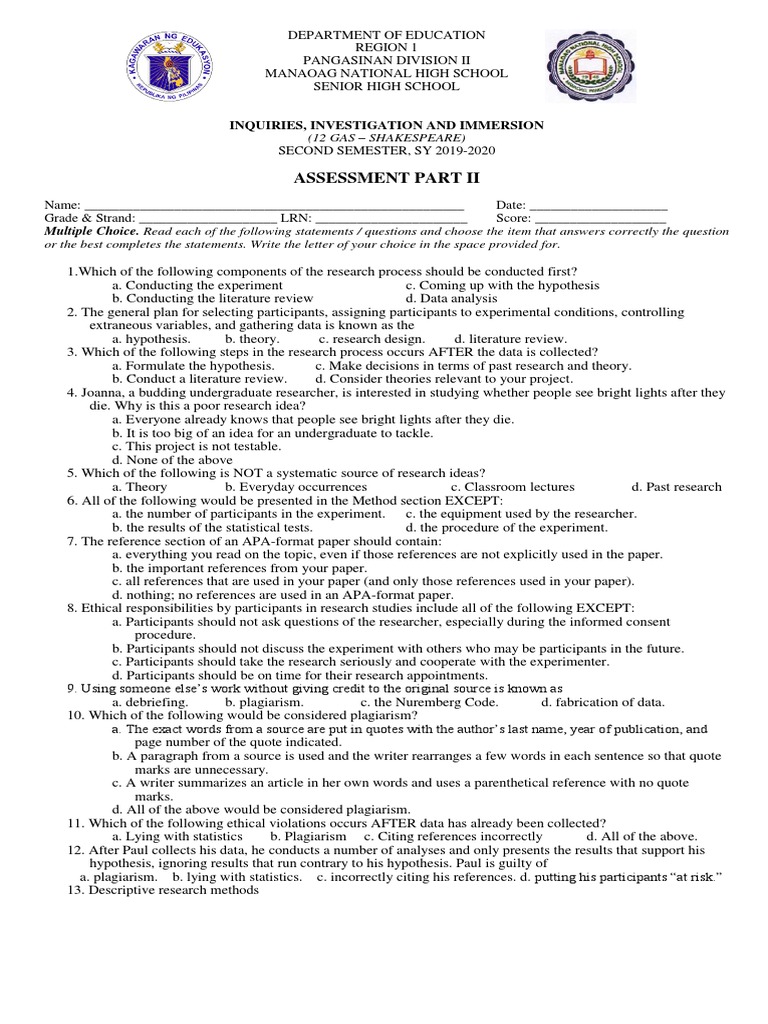 Assessment Part II | PDF | Level Of Measurement | Statistics