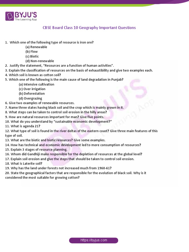CBSE Class 10 Geography Chapter 1 Resources and Development Important ...
