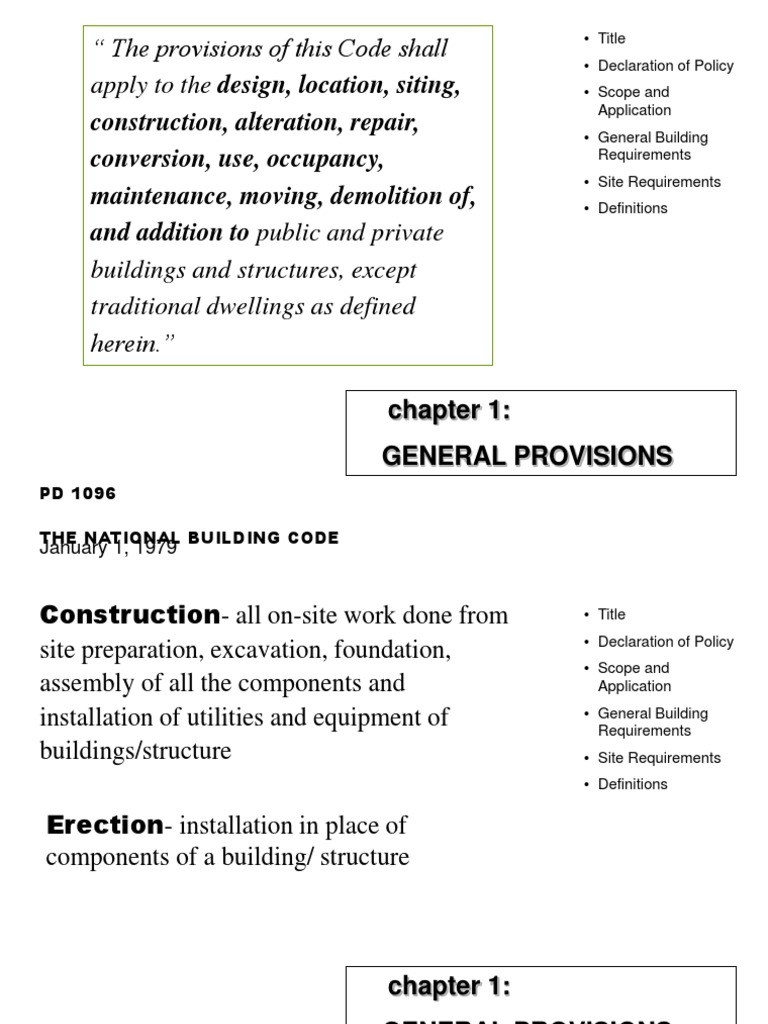 Overview of PD 1096: Building Code | PDF | Building Code | Building