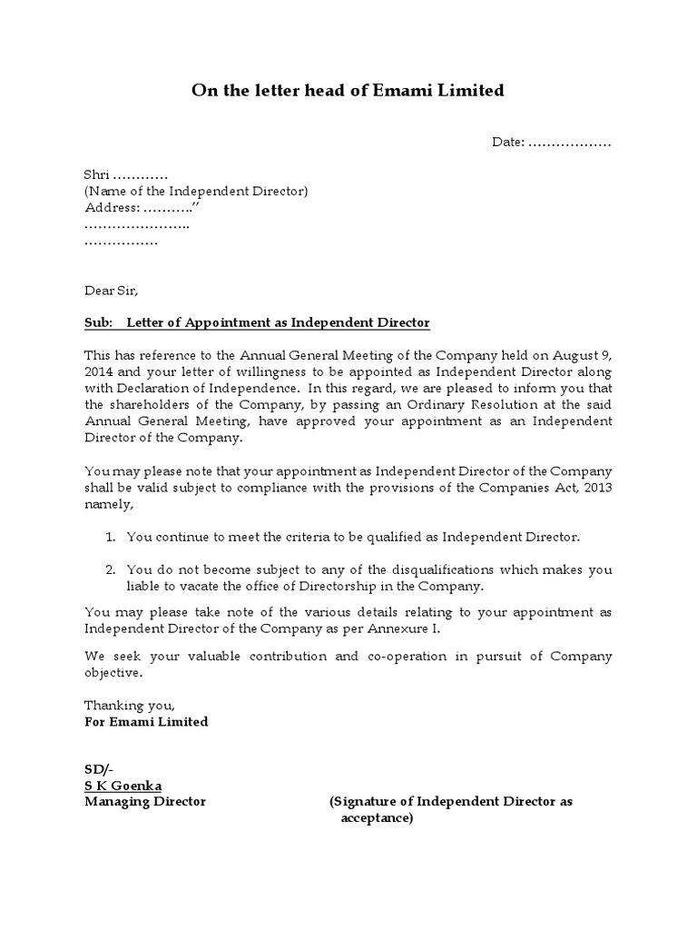 Appointment Letter | PDF | Board Of Directors | Private Law