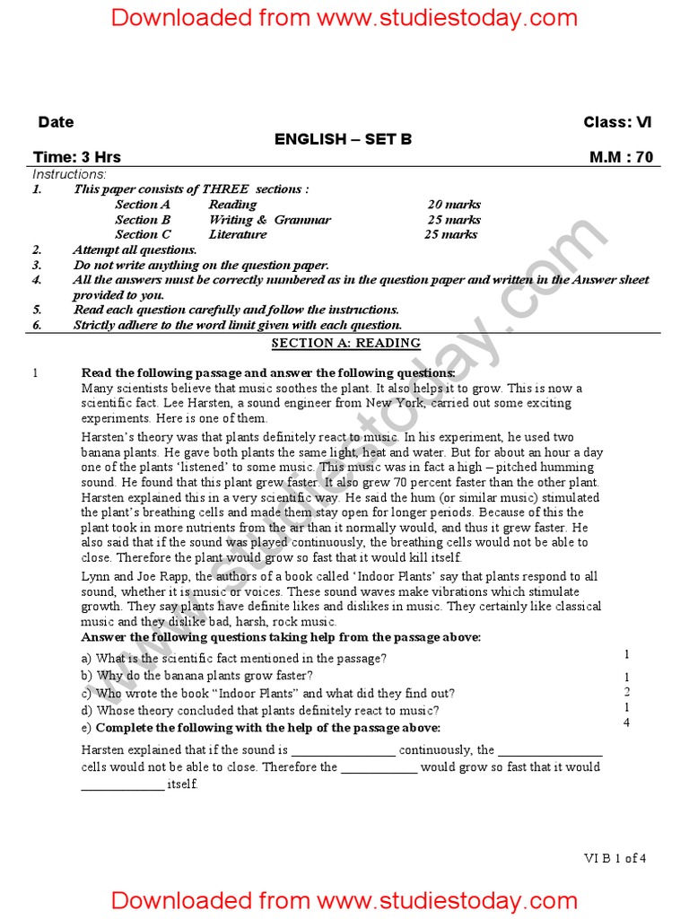CBSE Class 6 English Sample Paper Set E PDF | PDF | Huckleberry Finn ...