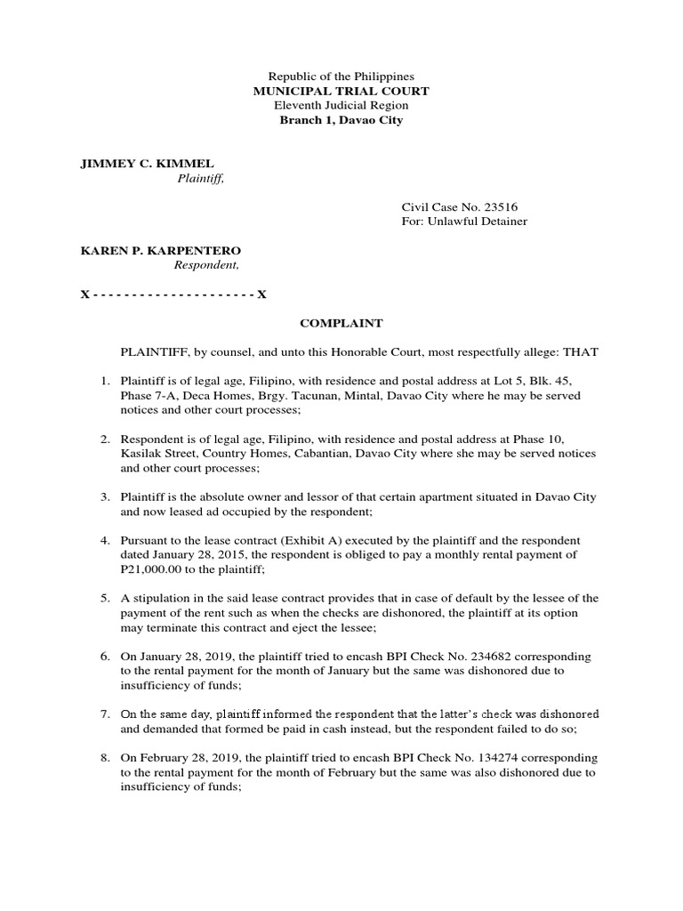 Complaint For Unlawful Detainer | PDF | Lease | Lawsuit