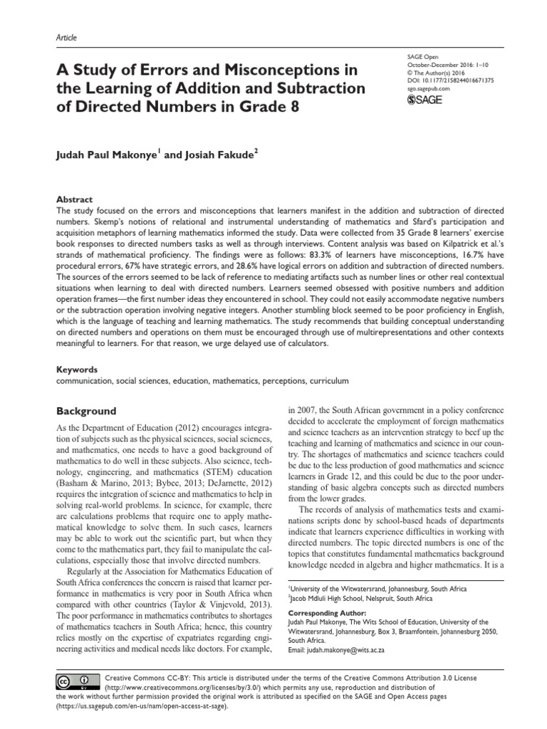 A Study of Errors and Misconceptions in The Learning of Addition and ...