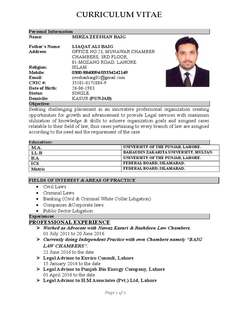 CV-Mirza Zeeshan Baig | PDF | Lahore | Justice