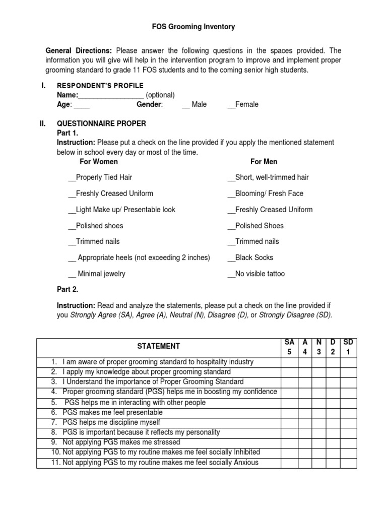 Grooming Standards Assessment for Students | PDF