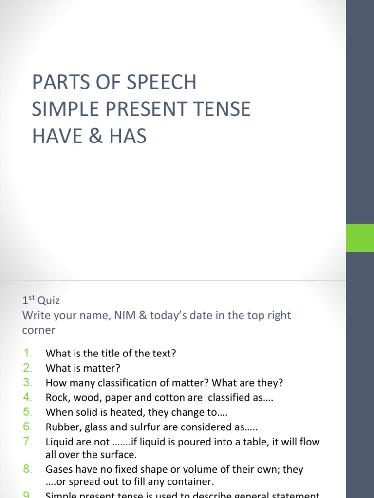 Parts of Speech Simple Presen Tense Have & Has PDF | PDF | Verb | Noun