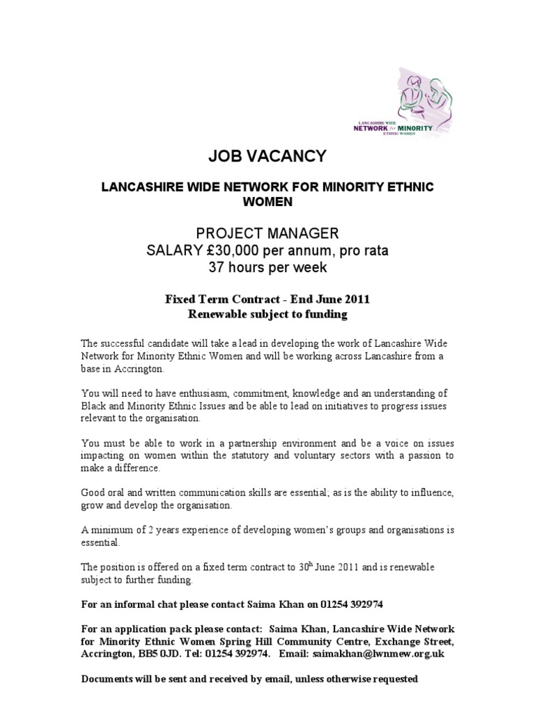 Job Vacancy: Project Manager SALARY 30,000 Per Annum, Pro Rata 37 Hours ...