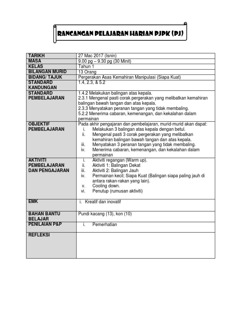 RPH PJPK Komponen PJ t.1 Minggu 11 | PDF