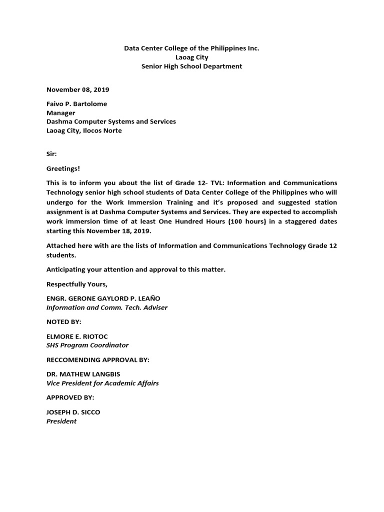 Letter For Work Immersion | PDF