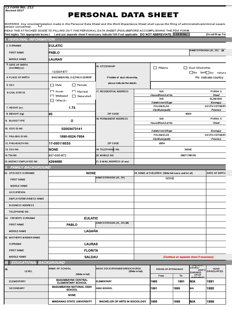 PDS CS Form No 212 Revised2017 | PDF | Bachelor's Degree | Crime & Violence