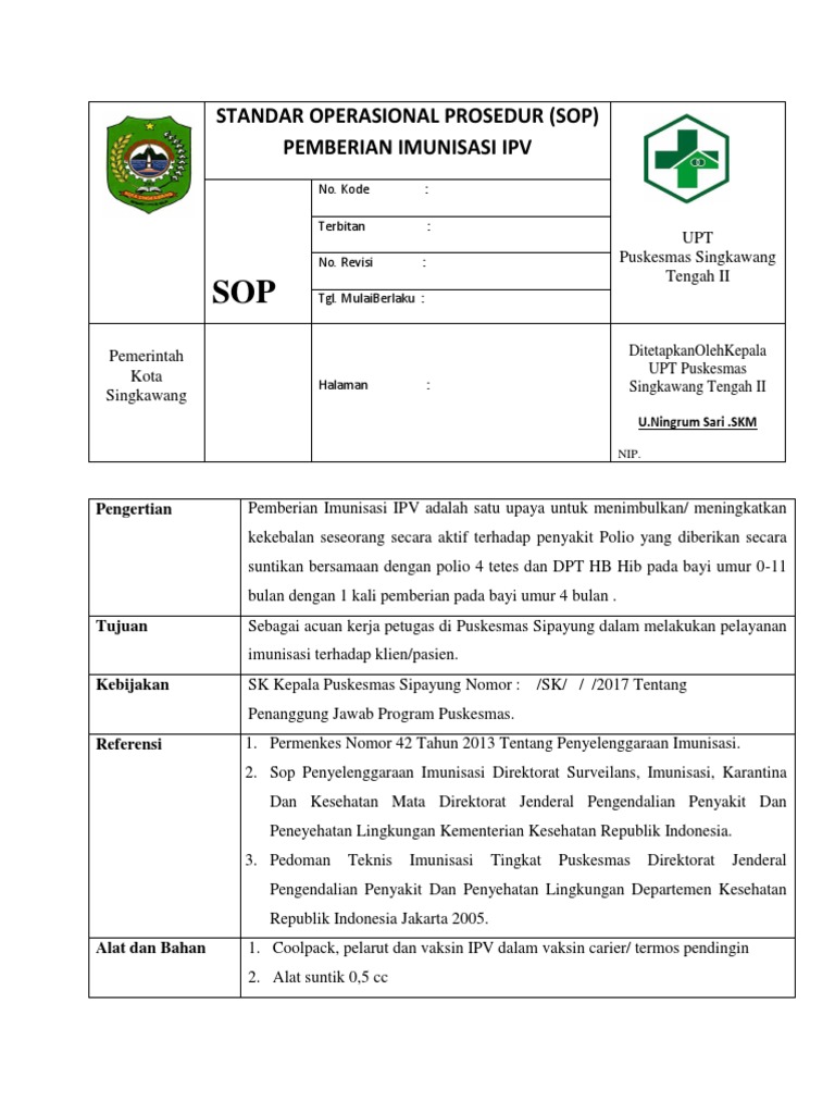 STANDAR OPERASIONAL PROSEDUR (SOP) PEMBERIAN IMUNISASI IPV | PDF