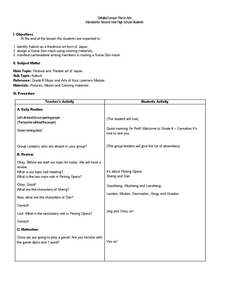 Lesson Plan in MAPEH GRADE 8 | PDF | Performing Arts | Entertainment