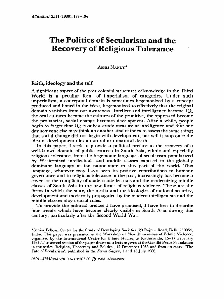 Ashis Nandy - Politics of Secularism PDF | PDF | Secularism | Toleration