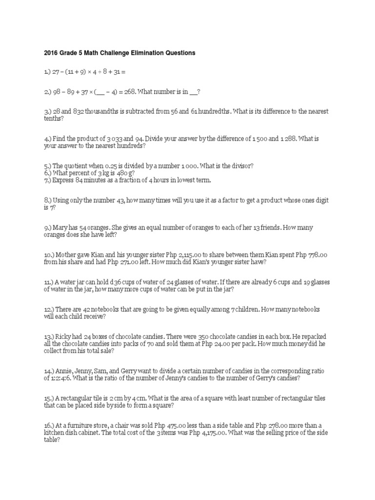 2016 Grade 5 Math Challenge Elimination Questions | PDF | Numbers ...