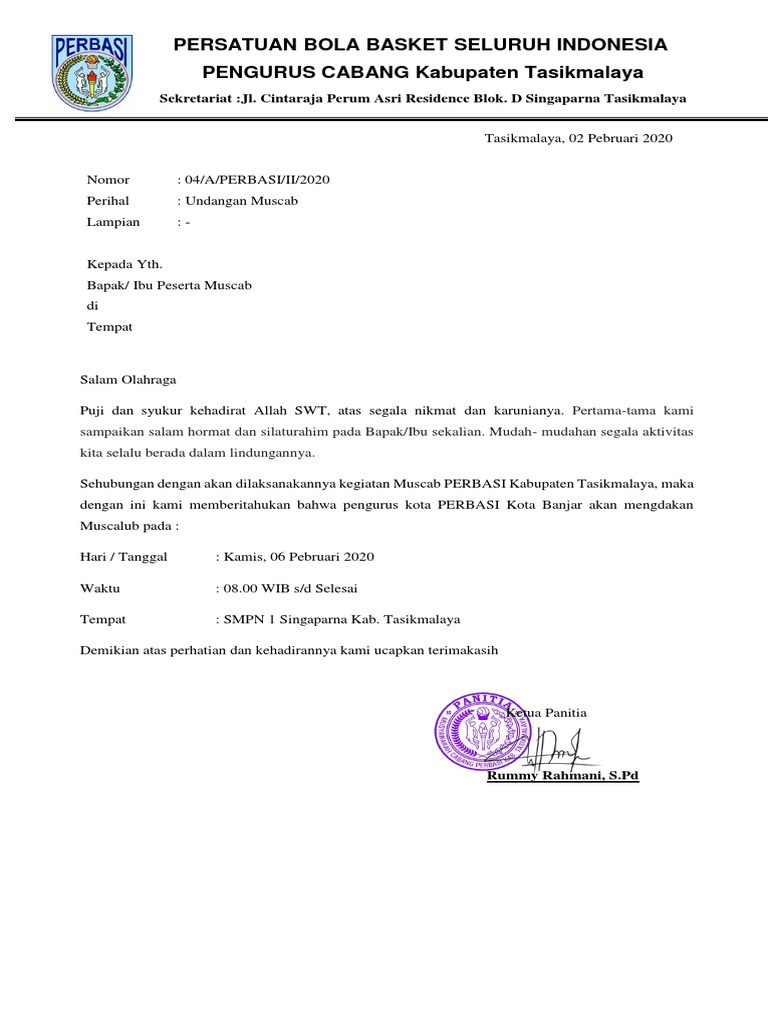 Undangan Muscab PERBASI Tasikmalaya | PDF