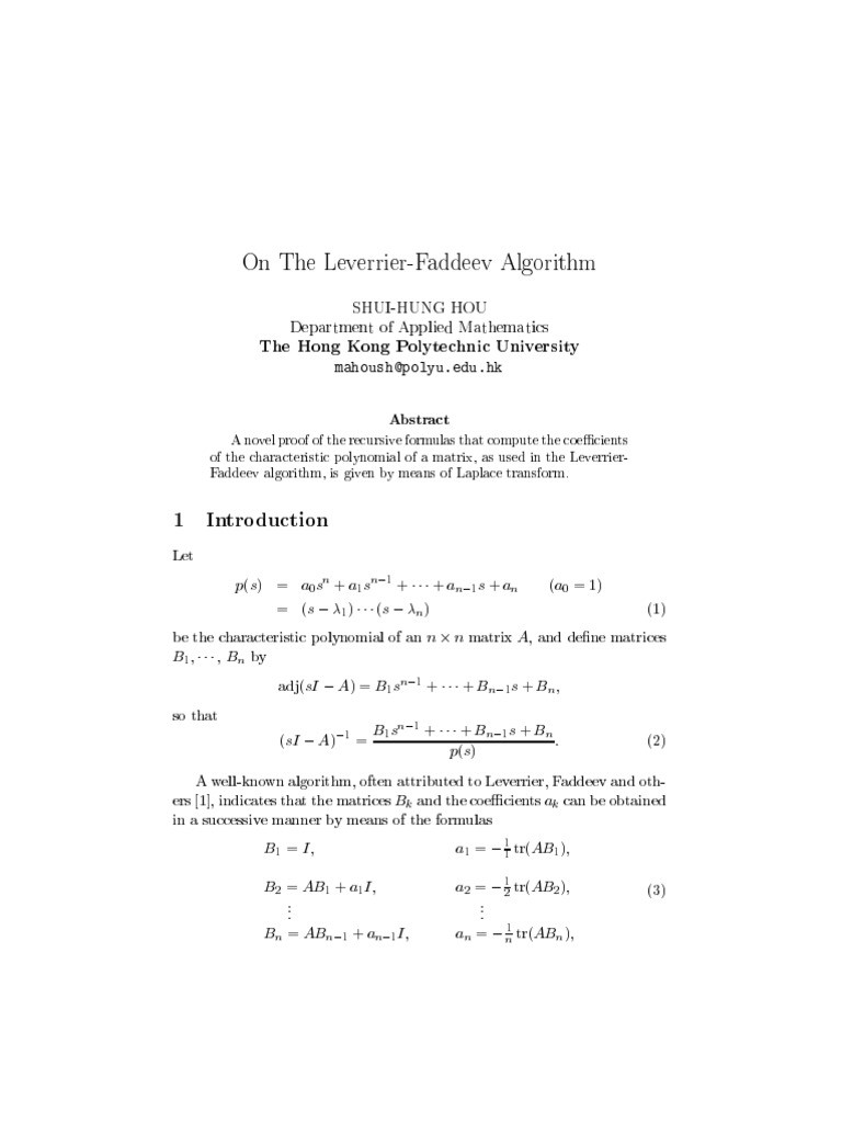 On The Leverrier-Faddeev Algorithm | PDF | Matrix (Mathematics ...