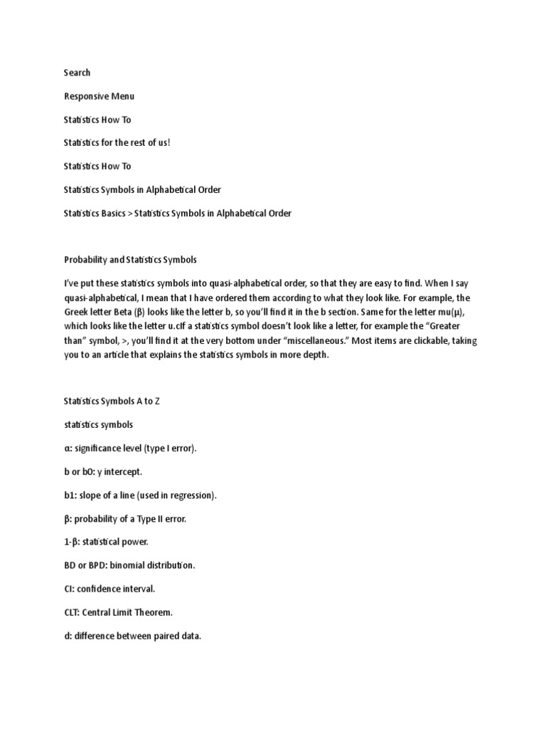 Stat & Prob Symbols | PDF | P Value | Errors And Residuals