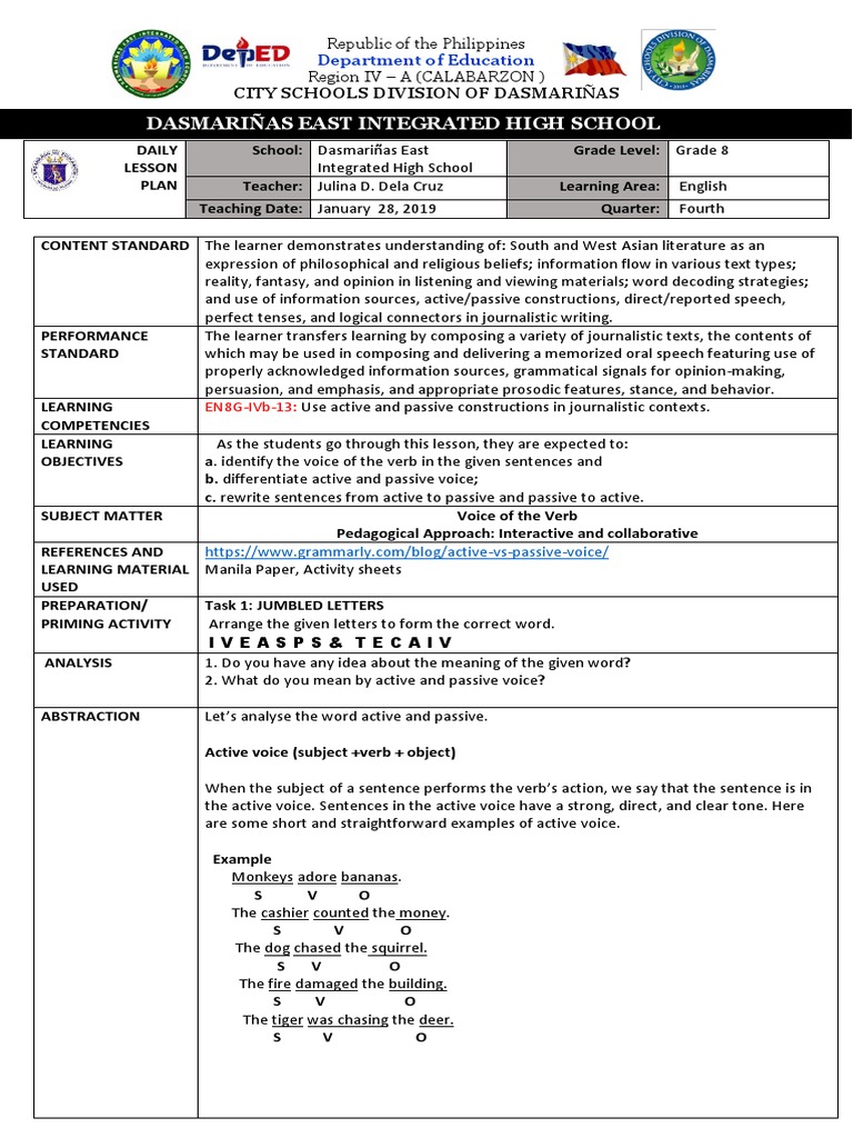 Lesson 1 Voice of The Verb - DLP | PDF | Verb | Learning