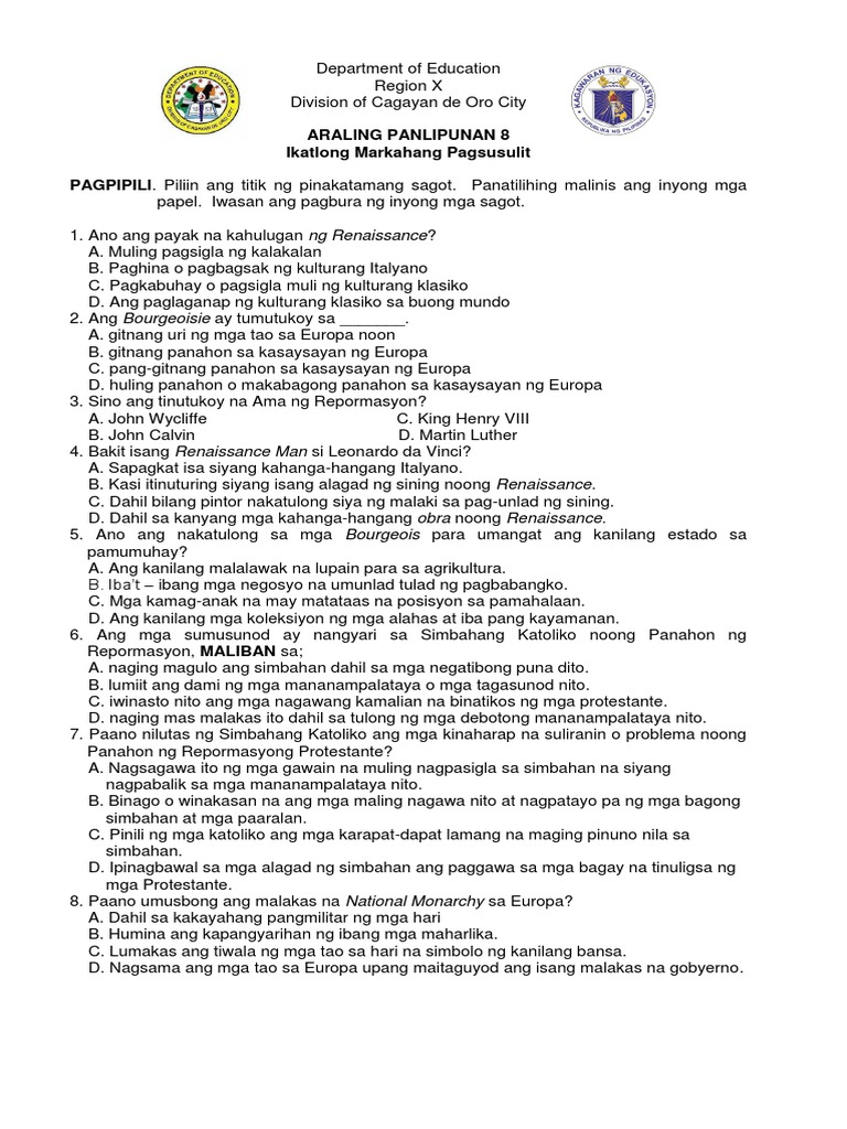 AP 8 Kasaysayan NG Daigdig TQ 3rd Quarter Jumbled | PDF