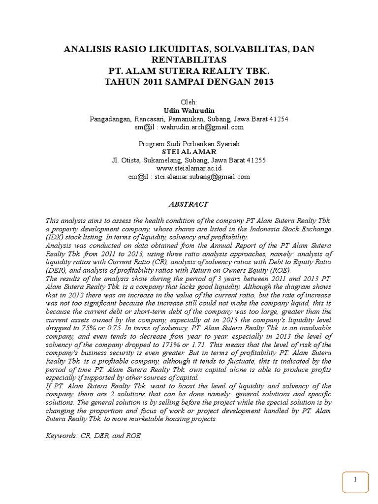 Jurnal Analisis Rasio Likuiditas, Solvabilitas, Dan Rentabilitas PT ...